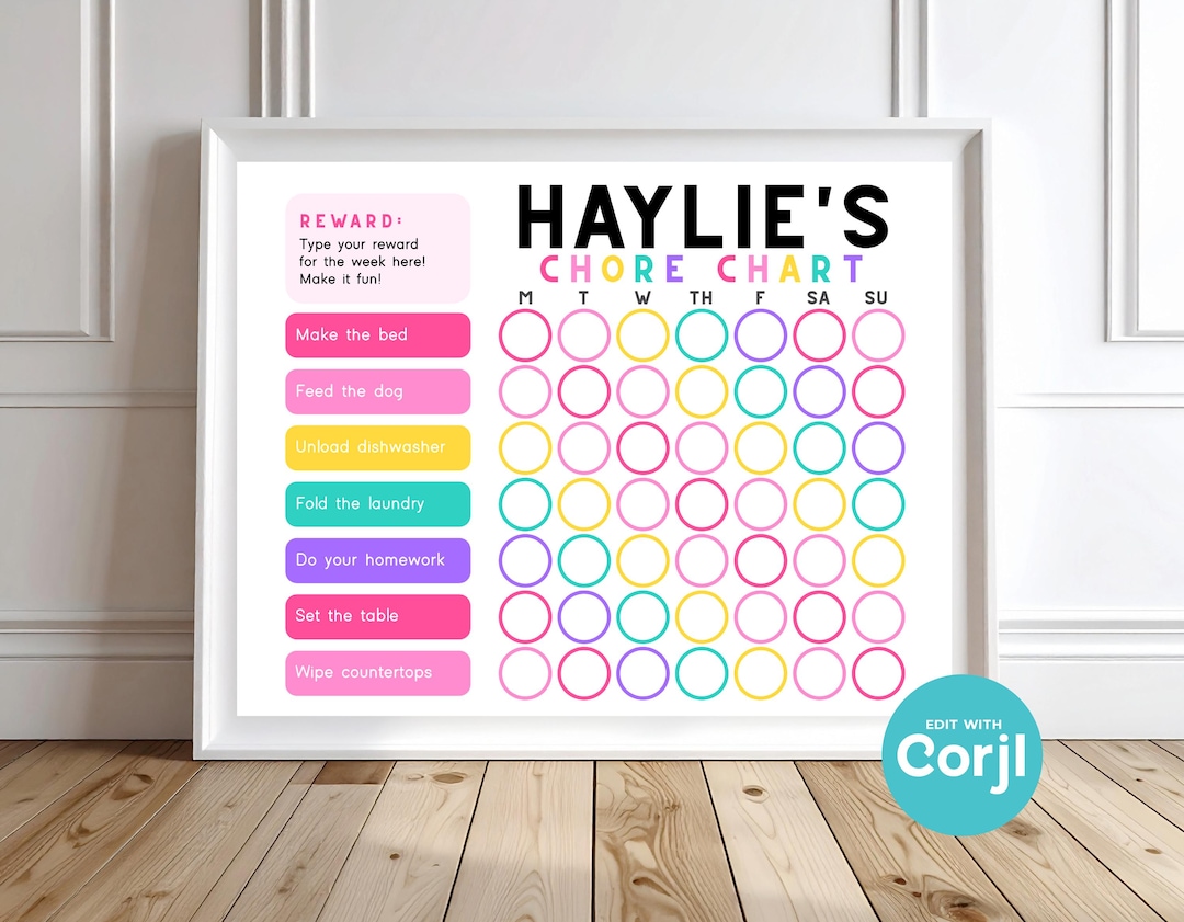 Editable Girls Chore Chart | Bright Responsibility Reward Chart for ...