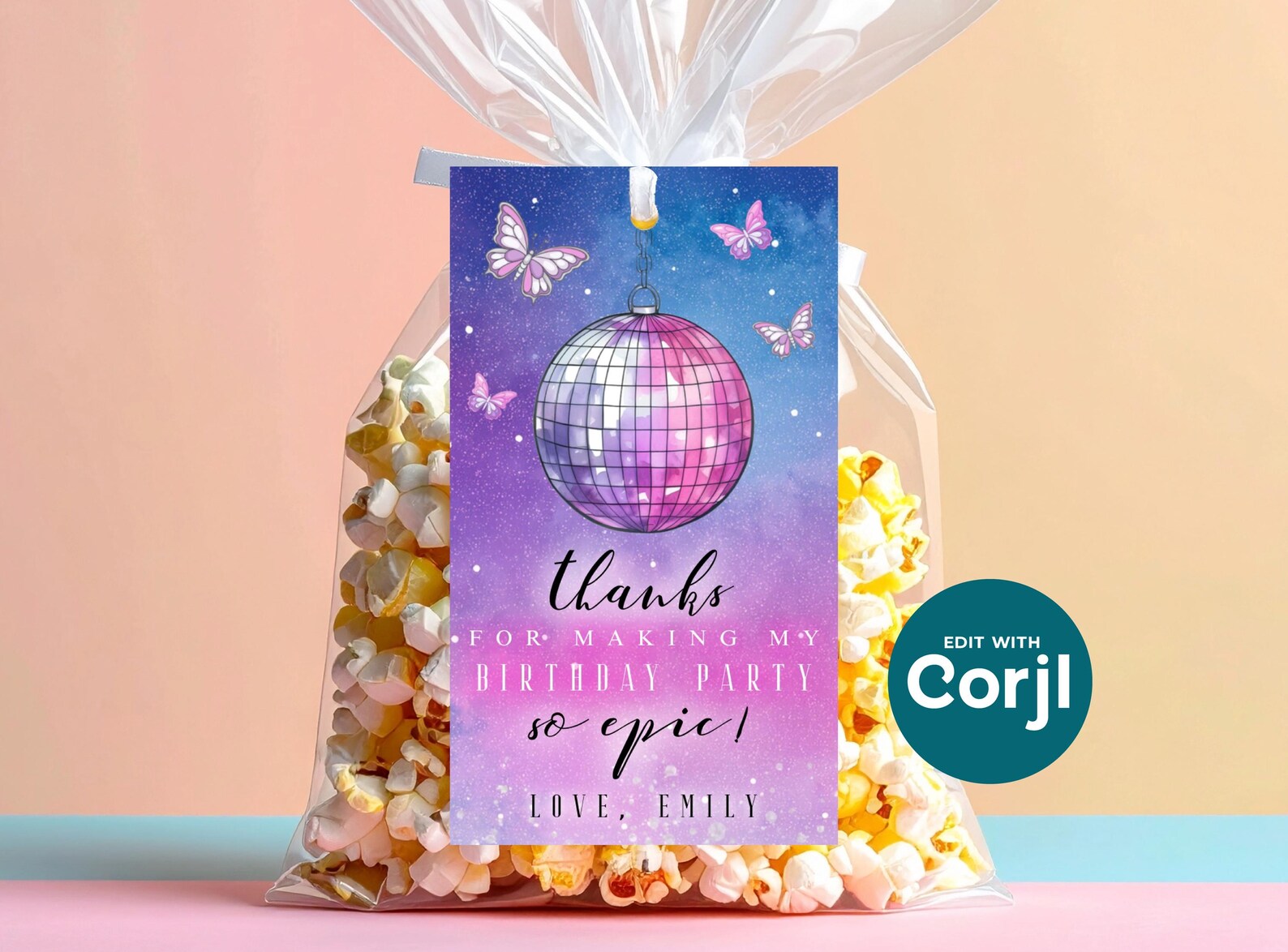 Editable Disco Ball Birthday Favor Tag: Butterfly Gift (instant ...