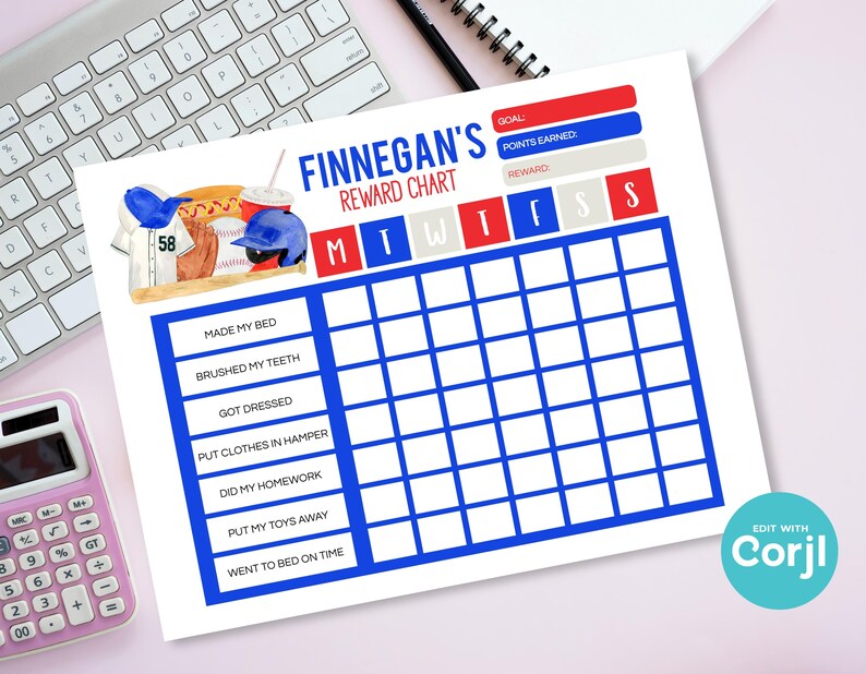 Editable Baseball Chore Chart, Printable Boys Reward Chart PDF Instant ...