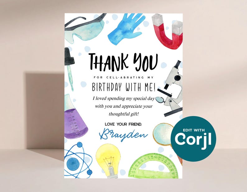 Editable Science Birthday Thank You Card (instant Download) - Etsy ...
