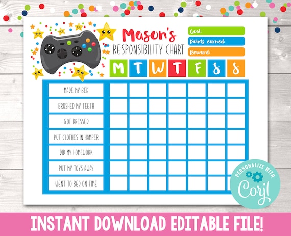 Editable Boys Reward Chart, Video Game Responsibility Chart, Printable ...