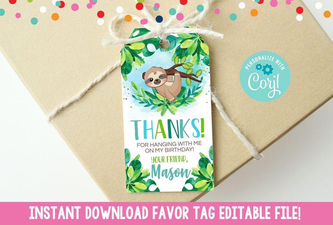 Sloth Editable Birthday Party Favor Tag, Instant Download Kids Sloth ...