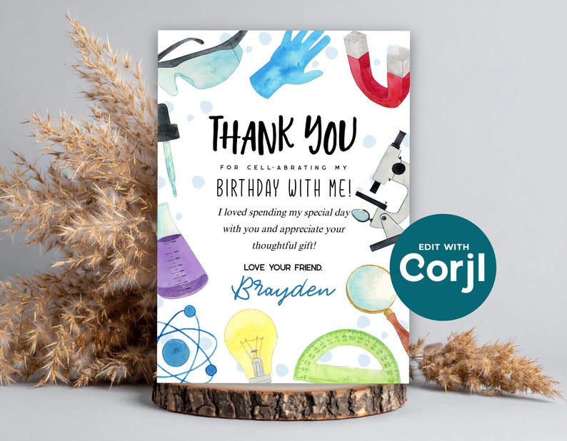Editable Science Birthday Thank You Card (instant Download) - Etsy