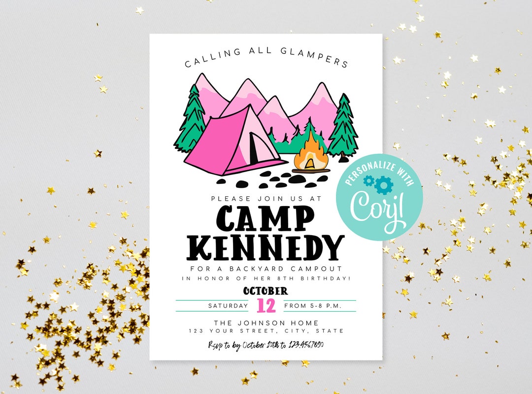 Instant Download Girls Glamping Birthday Party Invitation, Printable Girls Camping Birthday ...