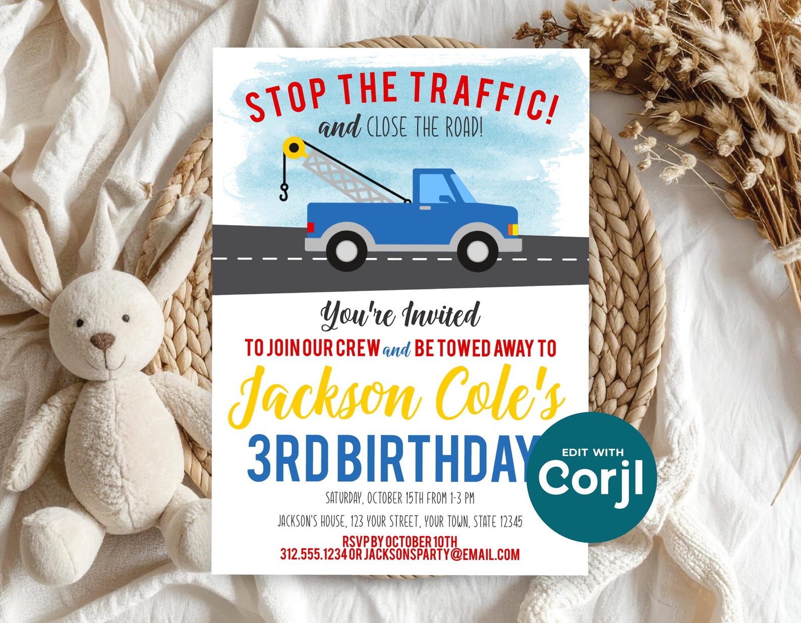 Tow Truck Birthday Party Invitation: Editable Printable (PDF) Print or ...