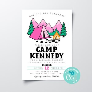 Instant Download Girls Glamping Birthday Party Invitation, Printable Girls Camping Birthday ...
