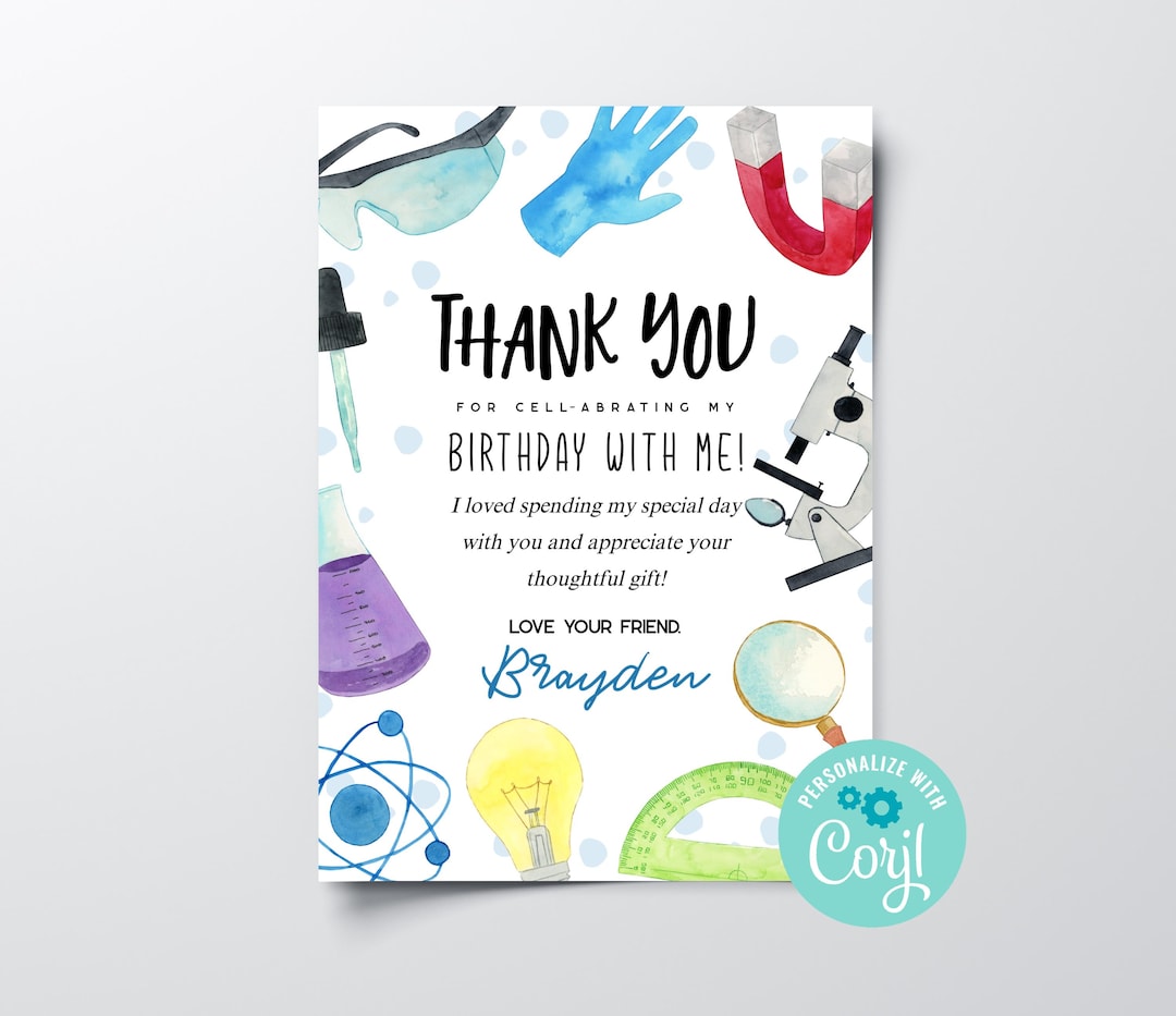 Editable Science Thank You Card, Printable Boys Science Birthday Party ...