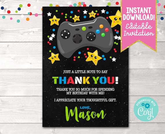Video Game Thank You Card, Printable Boys Video Game Thank You Card ...