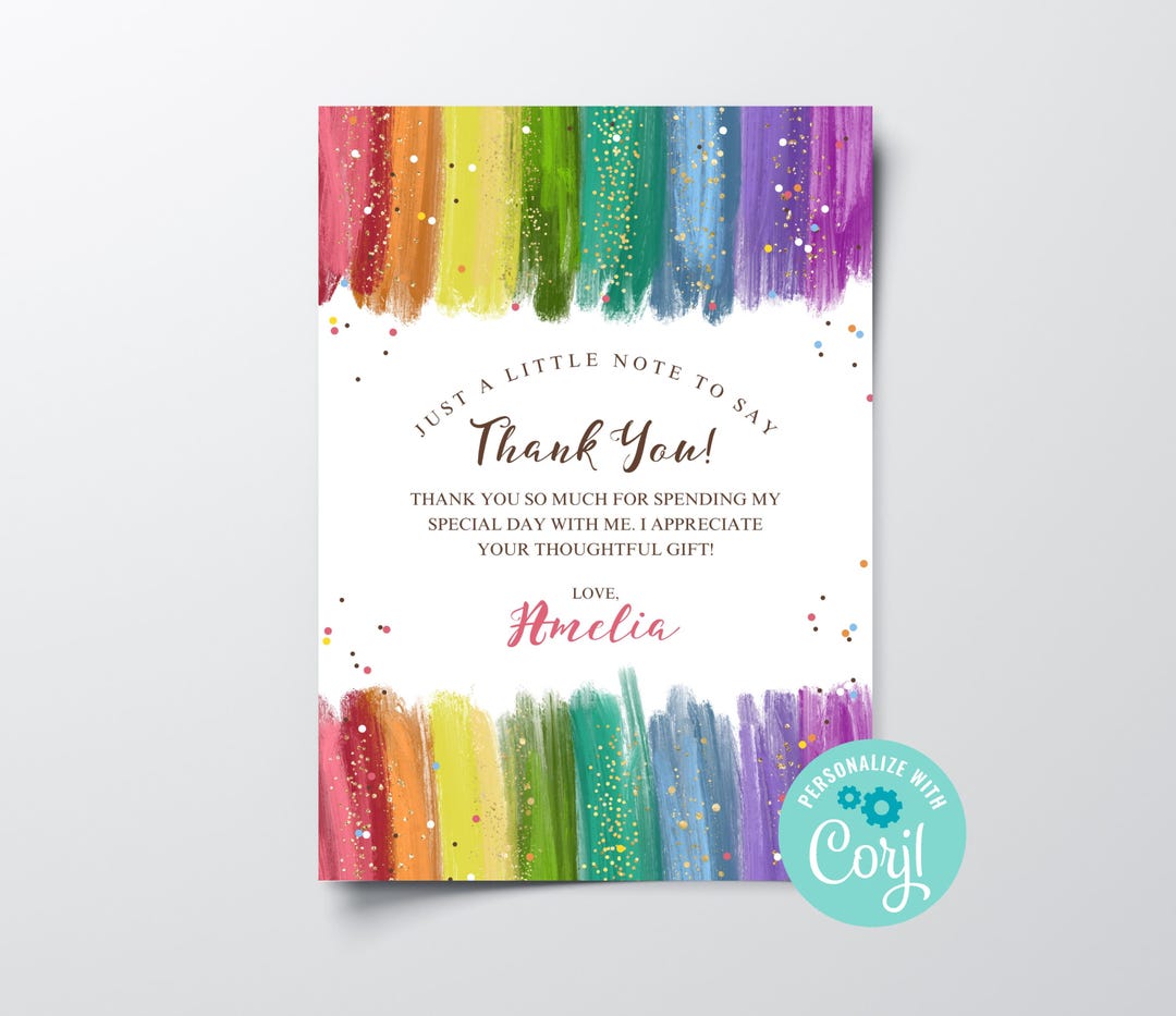 Printable Rainbow Thank You Card, Editable Art Party Thank You Card ...