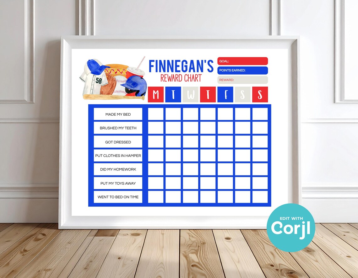 Editable Baseball Chore Chart, Printable Boys Reward Chart PDF Instant ...