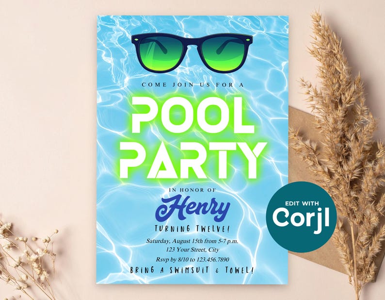 Editable Boys Pool Party Invitation: Preppy Teen Invite (digital ...