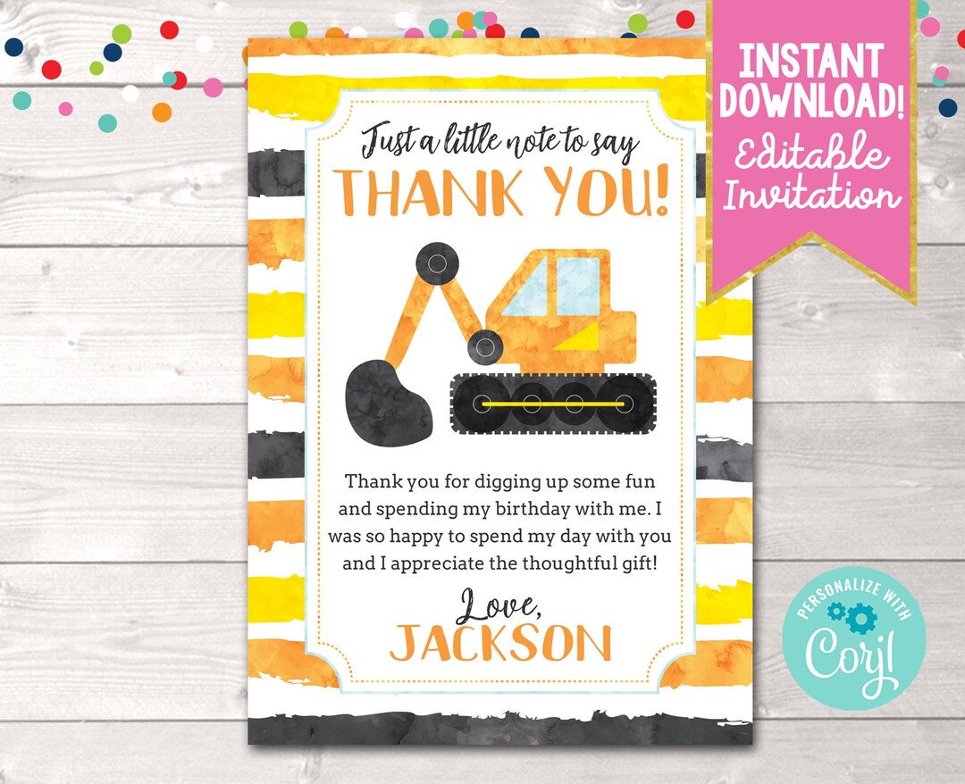 Instant Download Boys Construction Thank You Card, Dig up Fun Thank You ...
