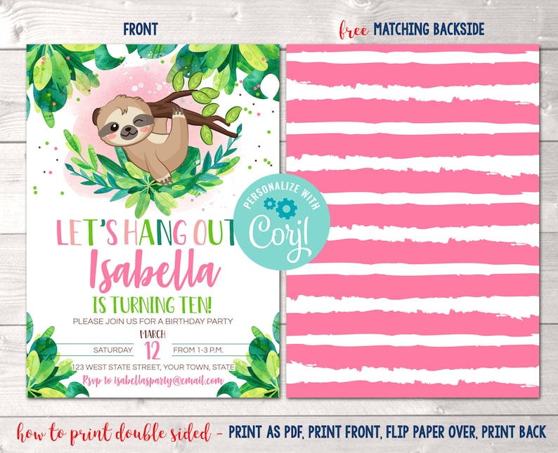 Editable Girls Sloth Birthday Party Invite Printable Sloth - Etsy