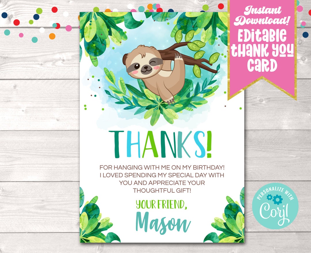 Editable Boys Sloth Birthday Party Thank You Card, Instant Download ...