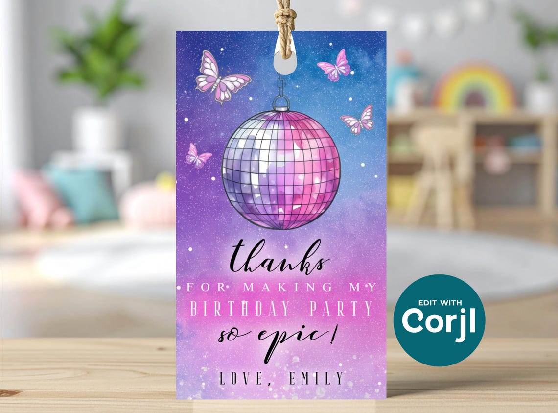Editable Disco Ball Birthday Favor Tag: Butterfly Gift (instant ...