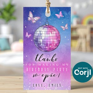 Editable Disco Ball Birthday Favor Tag: Butterfly Gift (instant ...