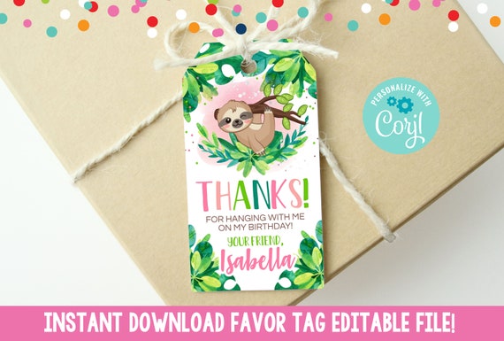 Girls Editable Sloth Birthday Party Favor Tag, Instant Download Kids ...