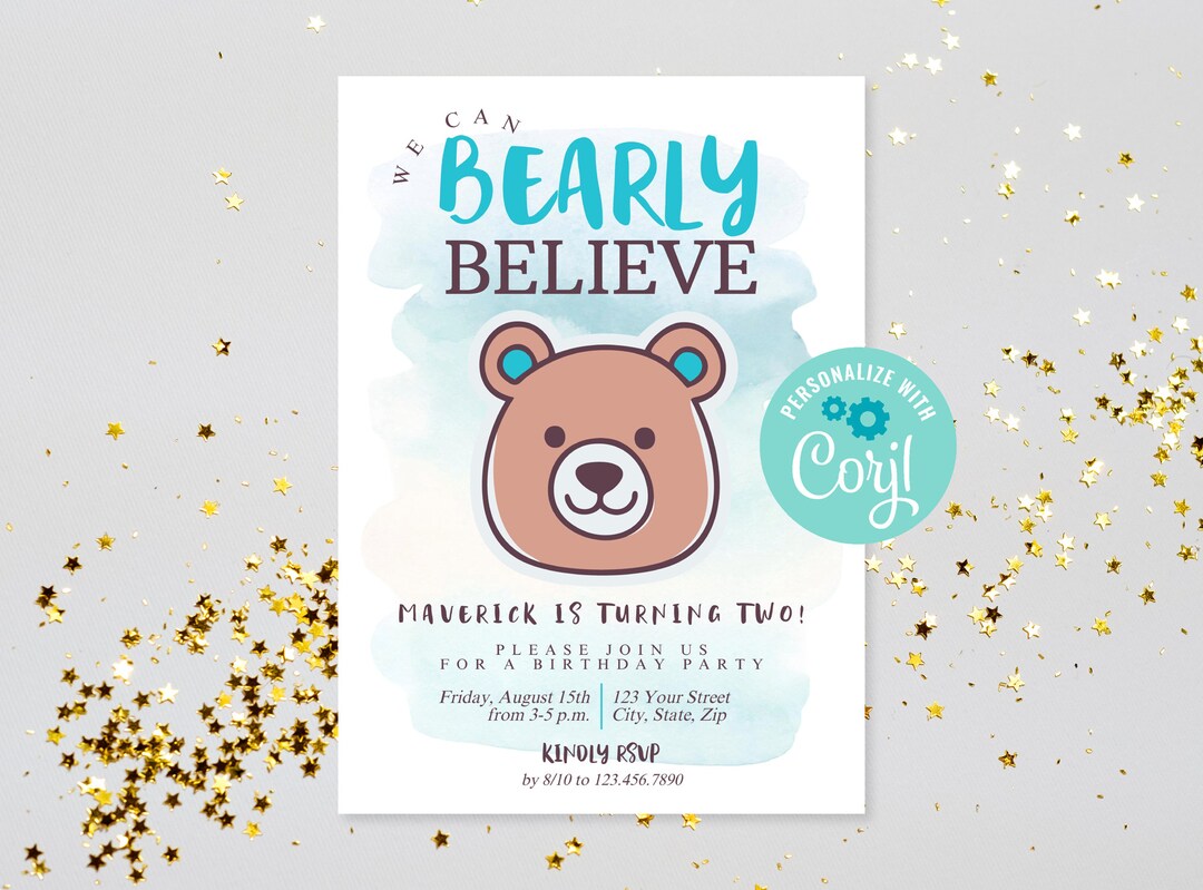Printable Cute Bear Birthday Party Invite, Instant Download Boys Bearly ...