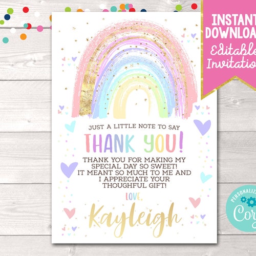 Instant Download Rainbow Thank You Card Editable Girls - Etsy