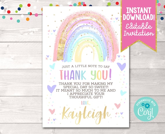 Instant Download Rainbow Thank You Card, Editable Girls Birthday Party ...
