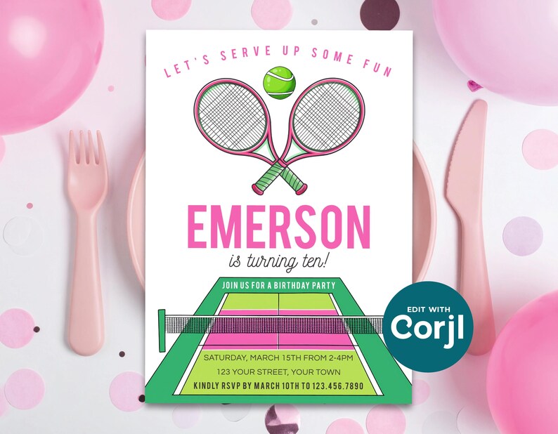 Girls Tennis Birthday Party Invitation: Preppy Court Design (digital ...
