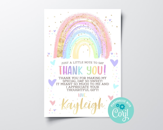 Instant Download Rainbow Thank You Card, Editable Girls Birthday Party ...