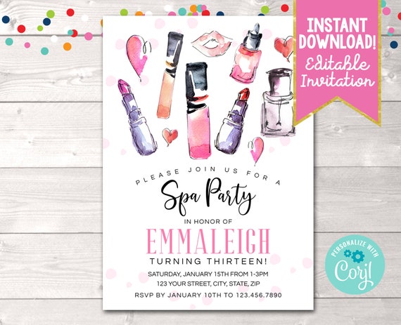 Editable Girls Spa Day Birthday Party Invitation, Instant Download ...
