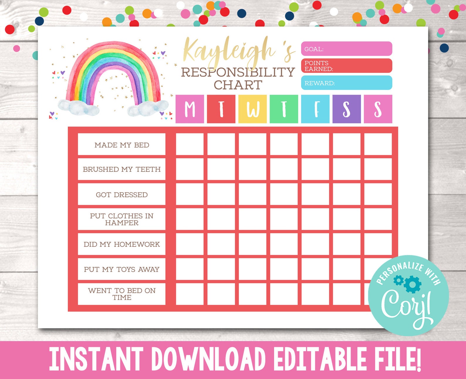 Printable Girls Rainbow Reward Chart Editable Watercolor - Etsy