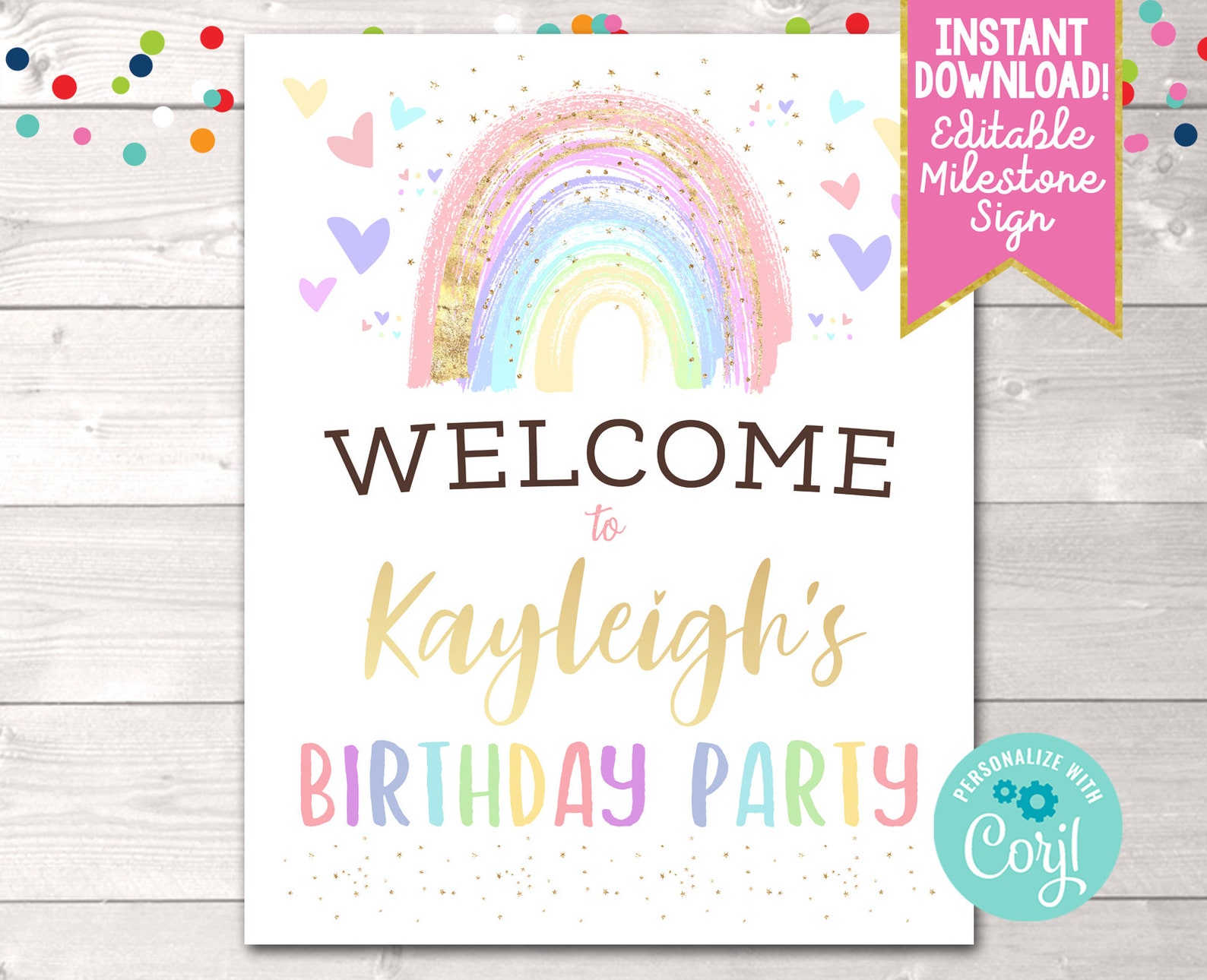 Rainbow Birthday Welcome Sign: Editable Hearts Decor (PDF) - Etsy