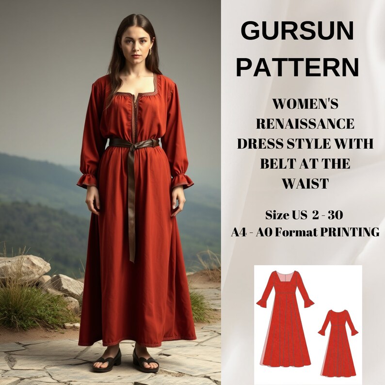 Renaissance Dress Pattern With Waist Belt/ Renaissance Costume Dress ...