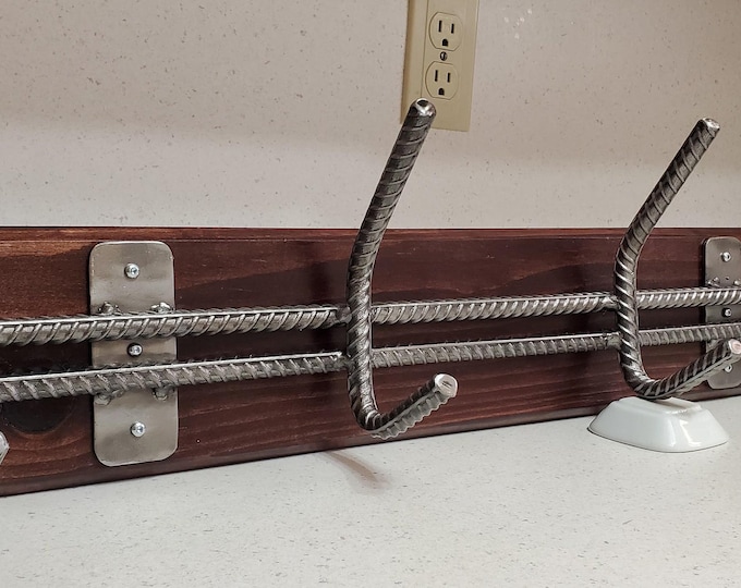 Industrial Style Coat Rack- 4 Hook Double Rebar With Wood Backboard - Etsy