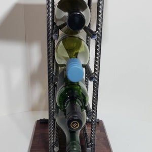 Four Bottle Wine Rack - Handcrafted From Polished Rebar W/ Stained Pine ...