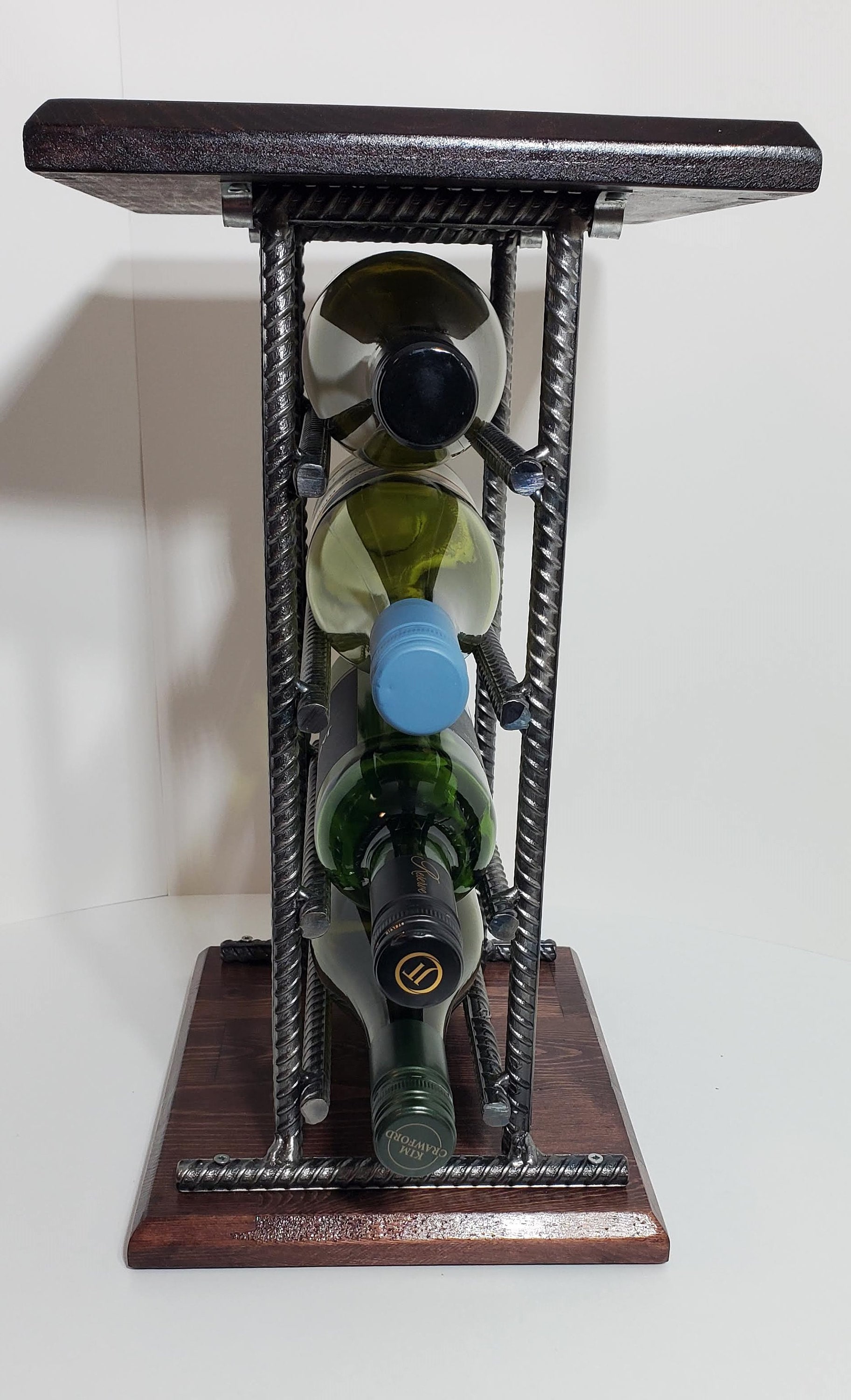 Four Bottle Wine Rack - Handcrafted From Polished Rebar W/ Stained Pine ...