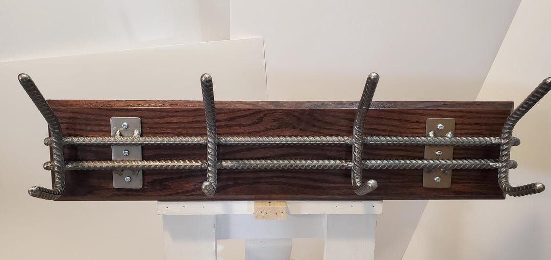 Industrial Style Coat Rack- 4 Hook Double Rebar With Oak Backboard - Etsy
