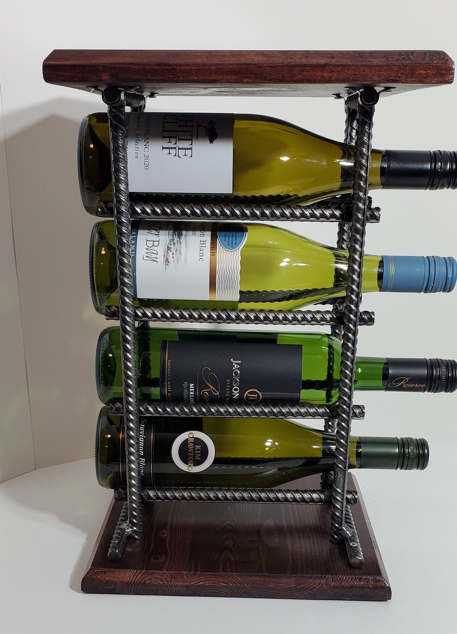 Four Bottle Wine Rack - Handcrafted From Polished Rebar W/ Stained Pine ...