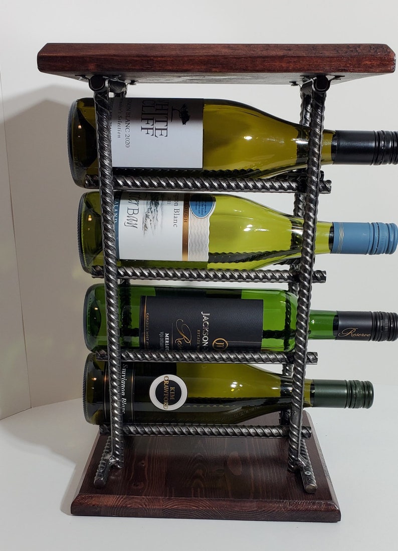 Four Bottle Wine Rack - Handcrafted From Polished Rebar W/ Stained Pine ...