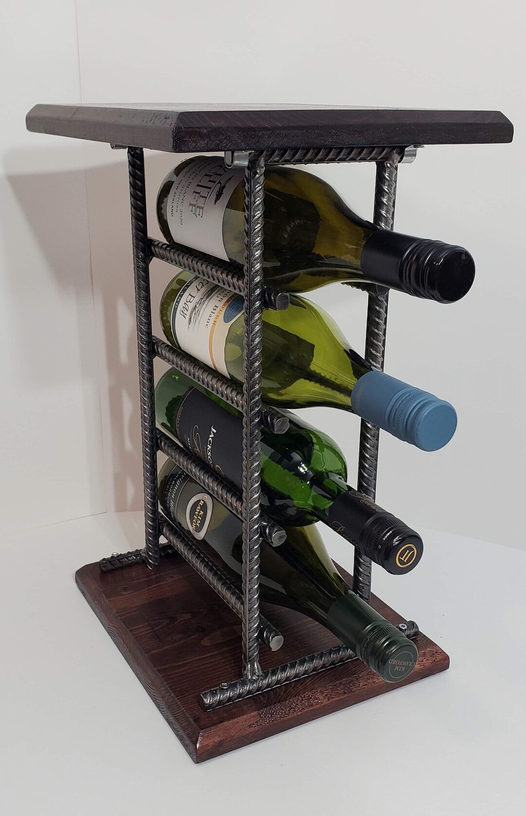 Four Bottle Wine Rack - Handcrafted From Polished Rebar W/ Stained Pine ...