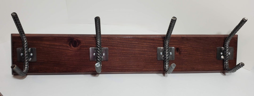 Coat Rack - 4 Individual Rebar Hooks Mounted on Stained Pine - Etsy