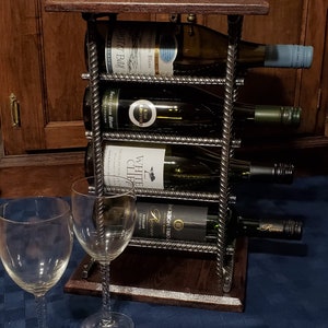 Four Bottle Wine Rack - Handcrafted From Polished Rebar W/ Stained Pine ...
