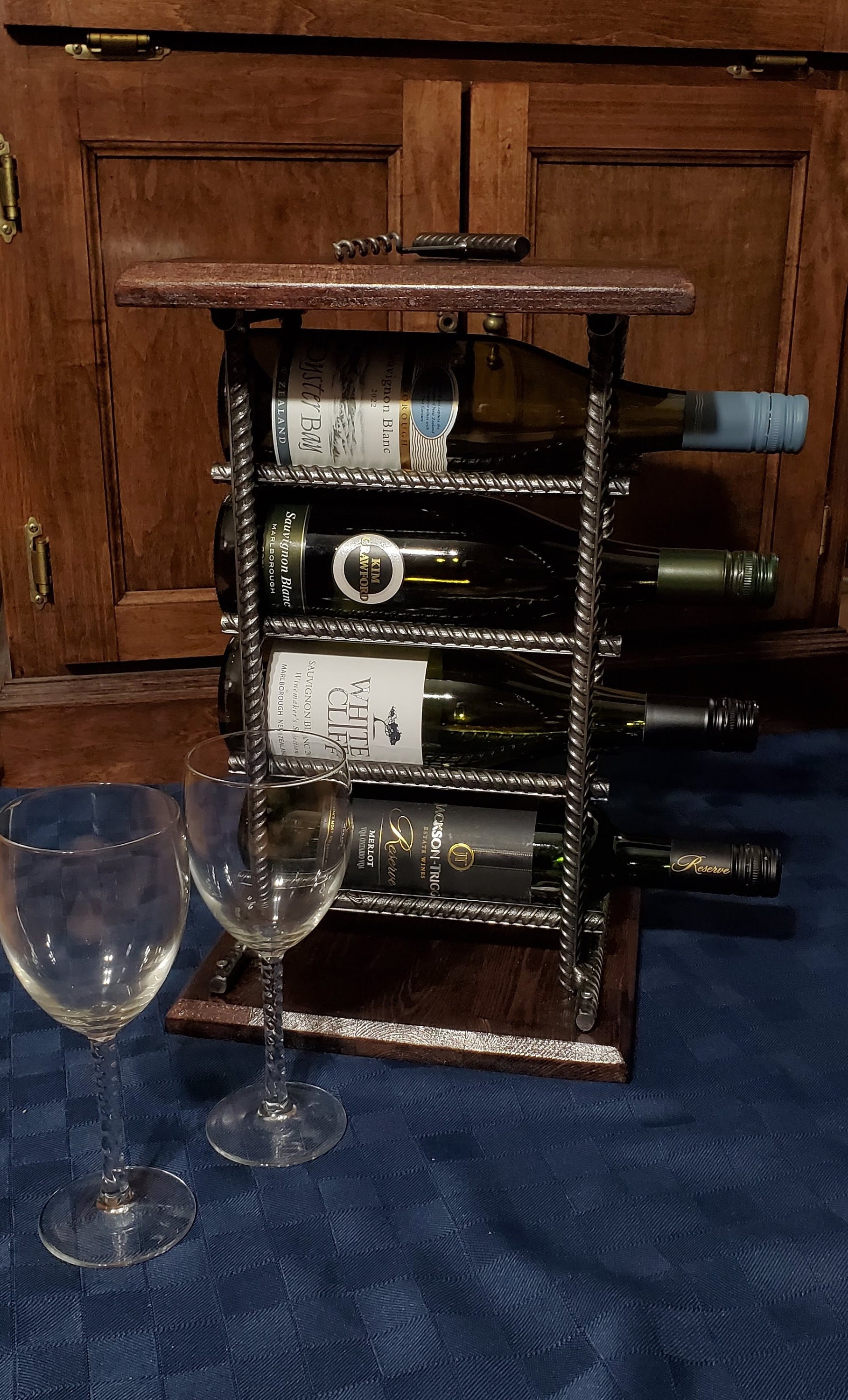 Four Bottle Wine Rack - Handcrafted From Polished Rebar W/ Stained Pine ...