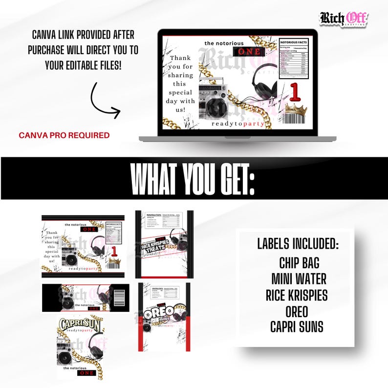 Notorious One Party Favor Templates: Chip Bag, Candy Wrapper, Water ...