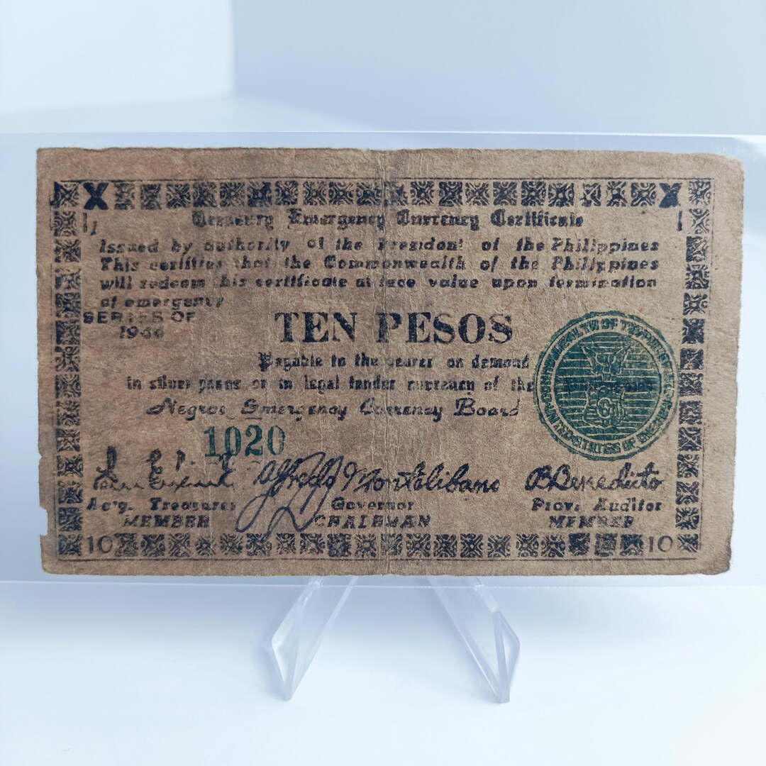 Rare 1944 Philippines 10 Pesos Banknote: Negros Emergency Note, Low ...