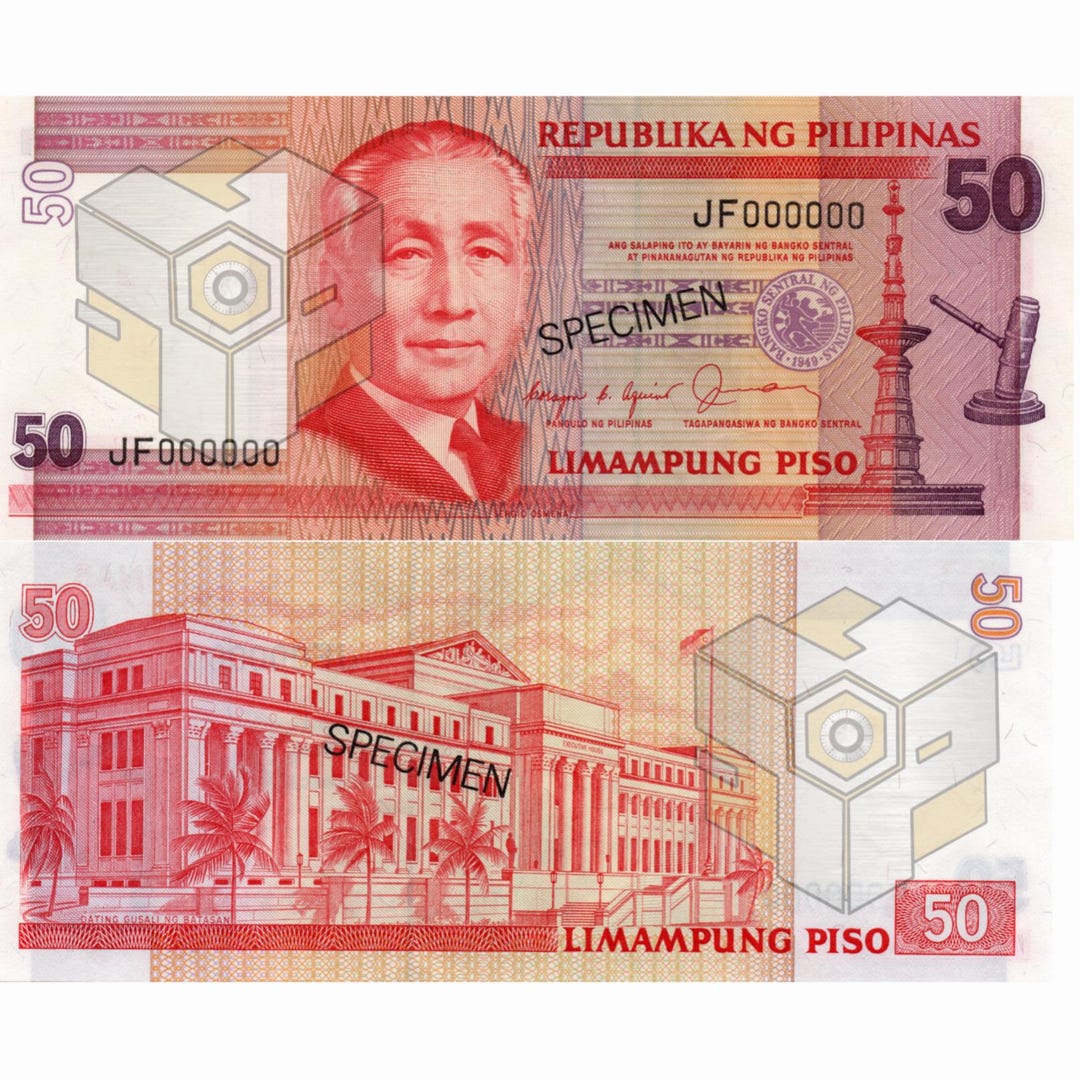 FREE JF000000 1987 50 Peso Specimen Digital Download - Aquino Fernandez ...