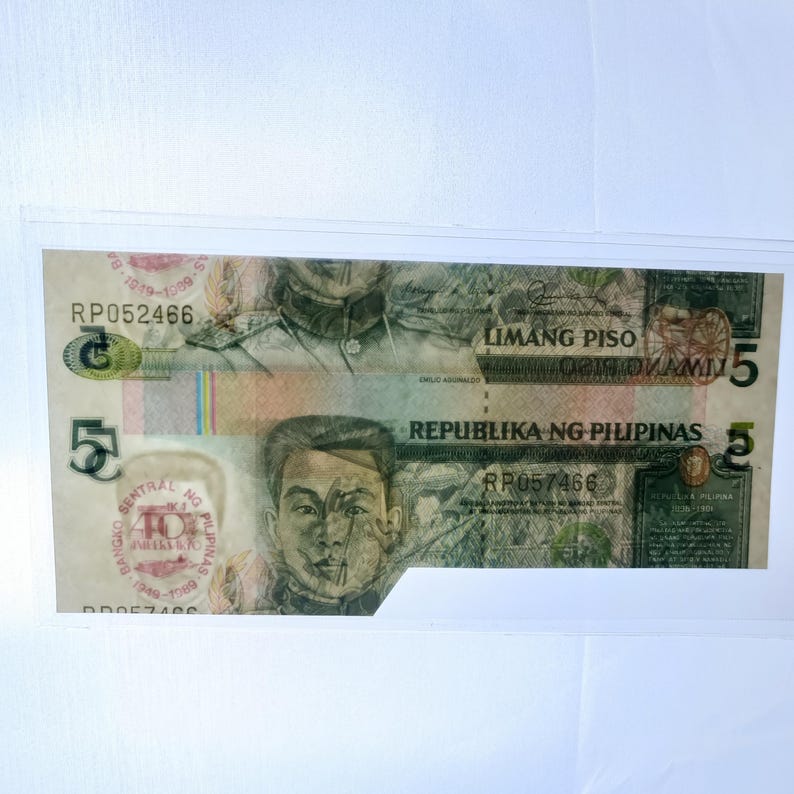 Philippines 5 Piso Banknote: 1989 Miscut Note From Uncut Sheet, Man ...
