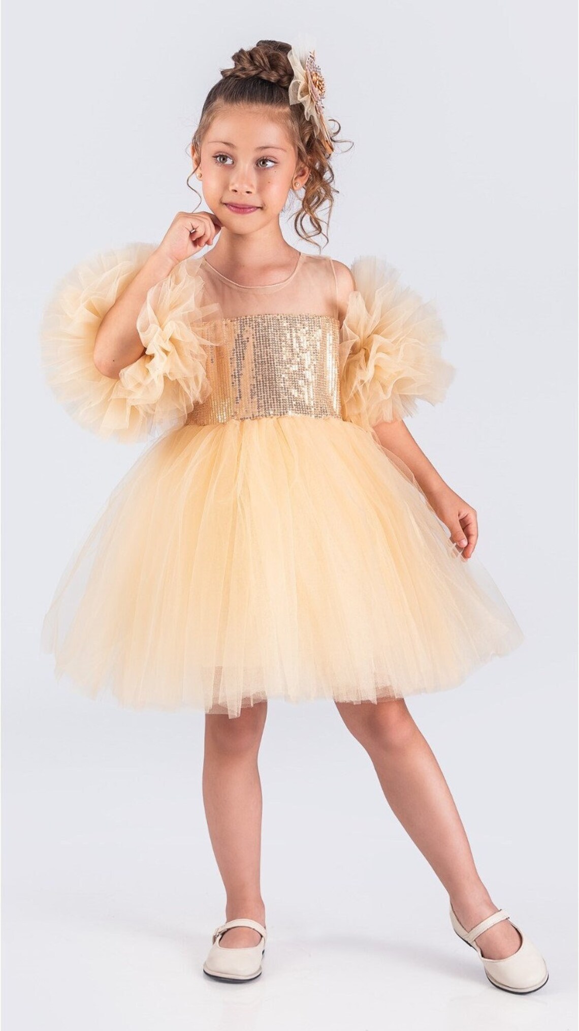 Ecru / Gold Ponpon Sleeve Sequined Girl Child Puffy Skirt Tutu Evening ...