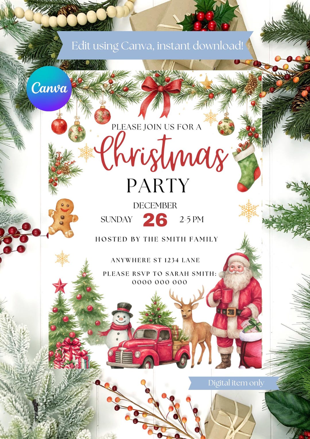 Christmas Party Invitation, Santa Clause Holiday Party Invitation ...