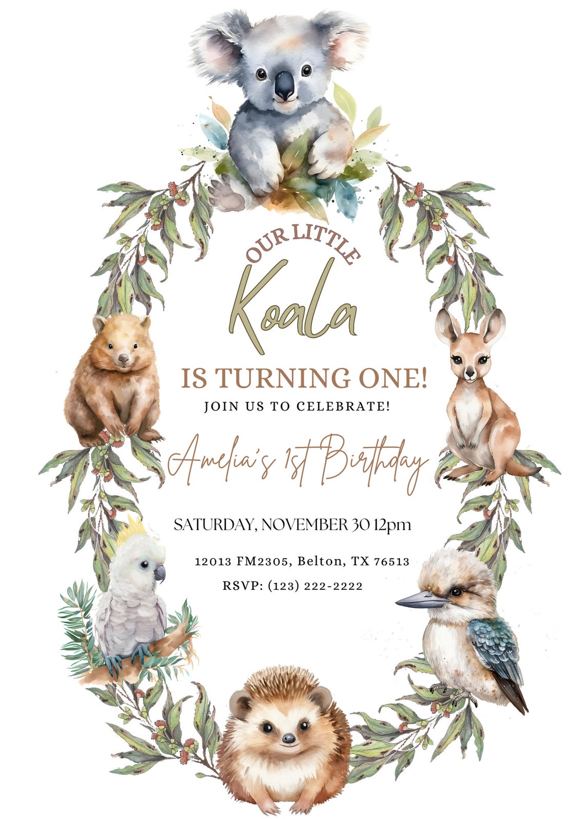 Australian Animal Birthday Invitation | Aussie Invite | Koala Kangaroo ...