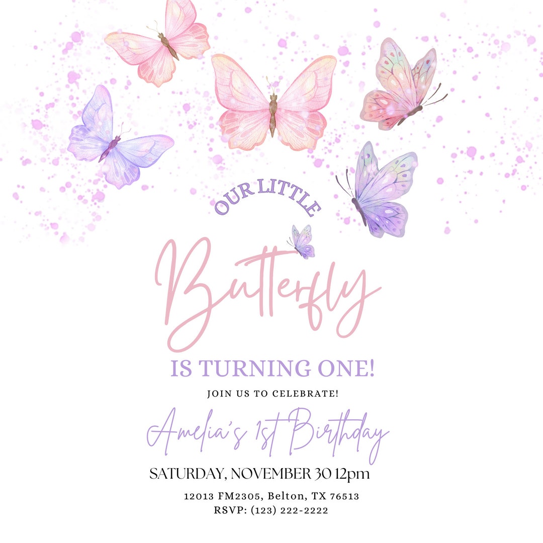 Butterfly Birthday Editable Invite, Girls 1st Birthday, Butterfly ...