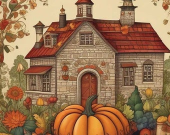 Charming Fall Cottage With Fall Foliage Digital Download Art Print for ...