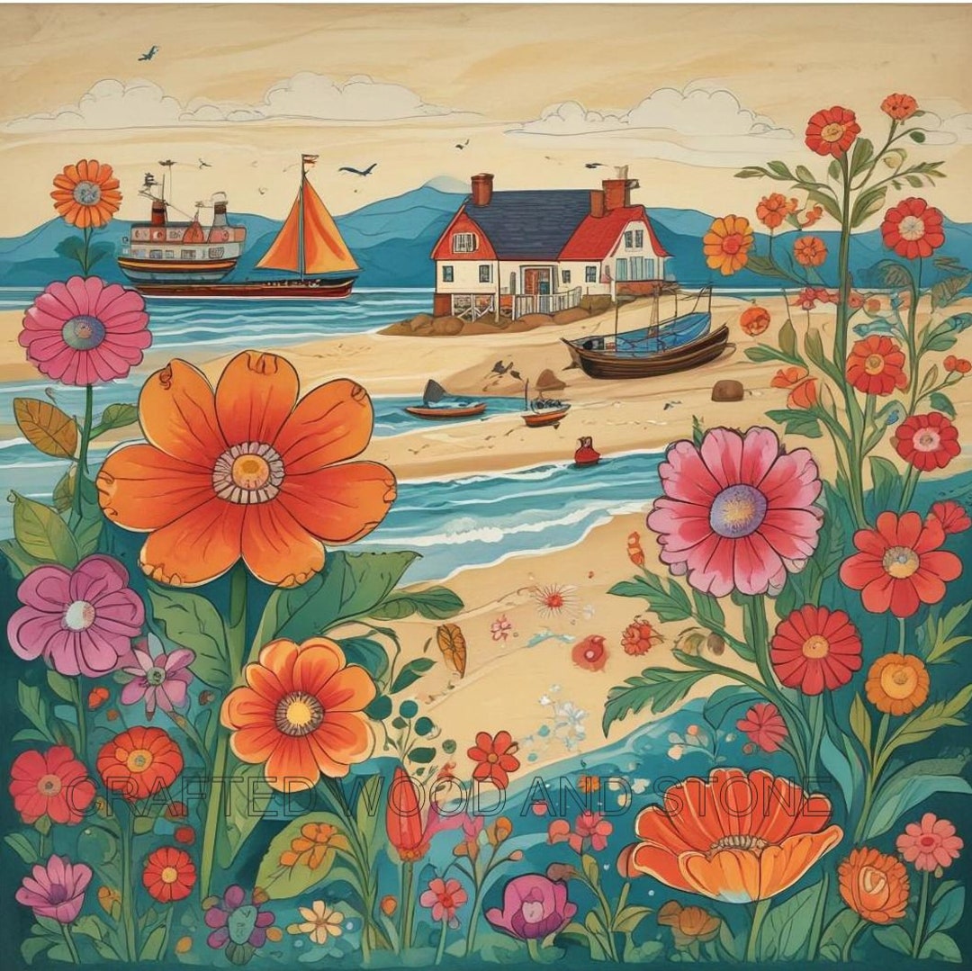 Vibrant Coastal Cottage by the Sea Canvas Print Seaside Cottage ...